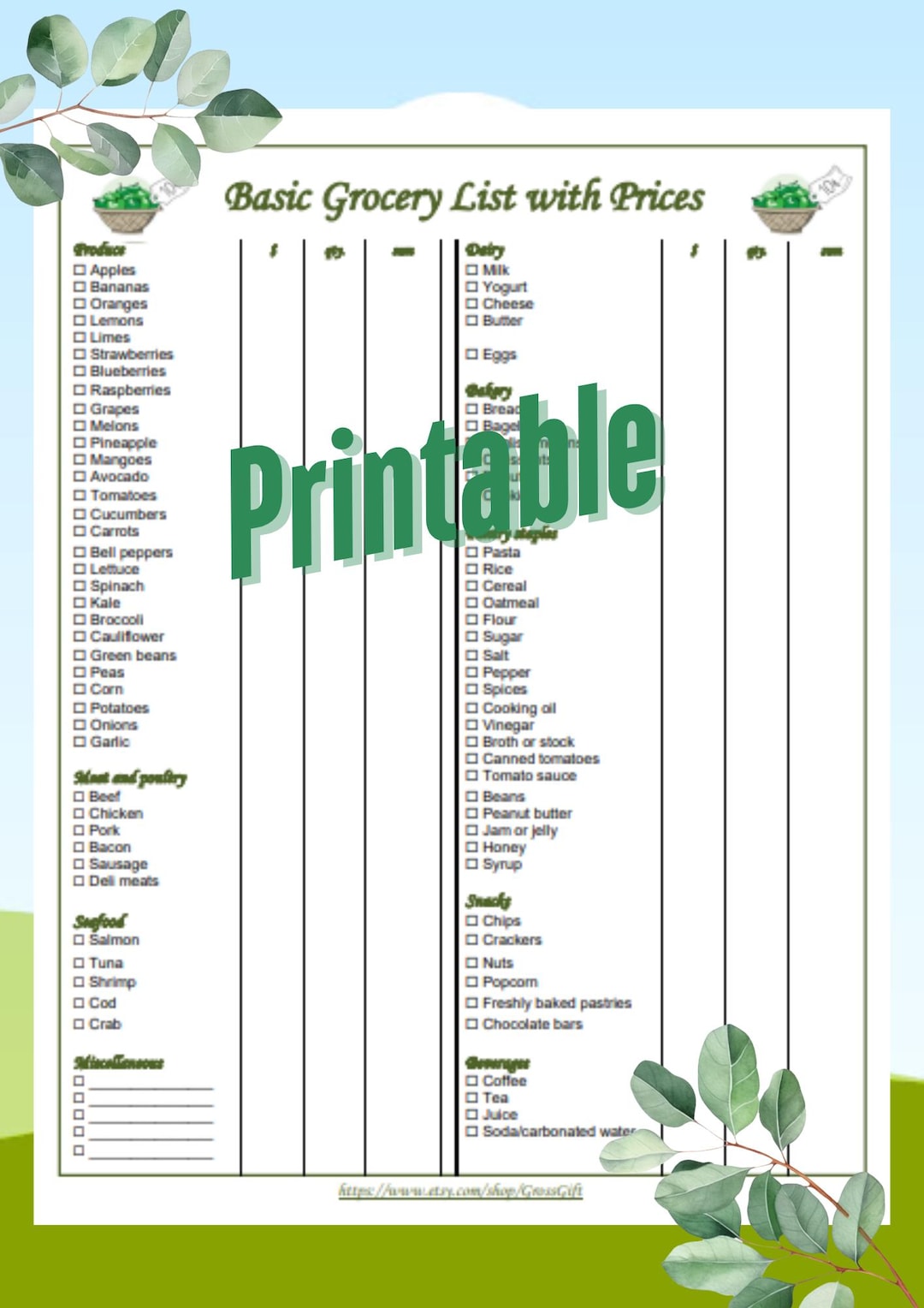 Basic Grocery Shopping Checklist With Prices PDF 2 in 1 - Etsy