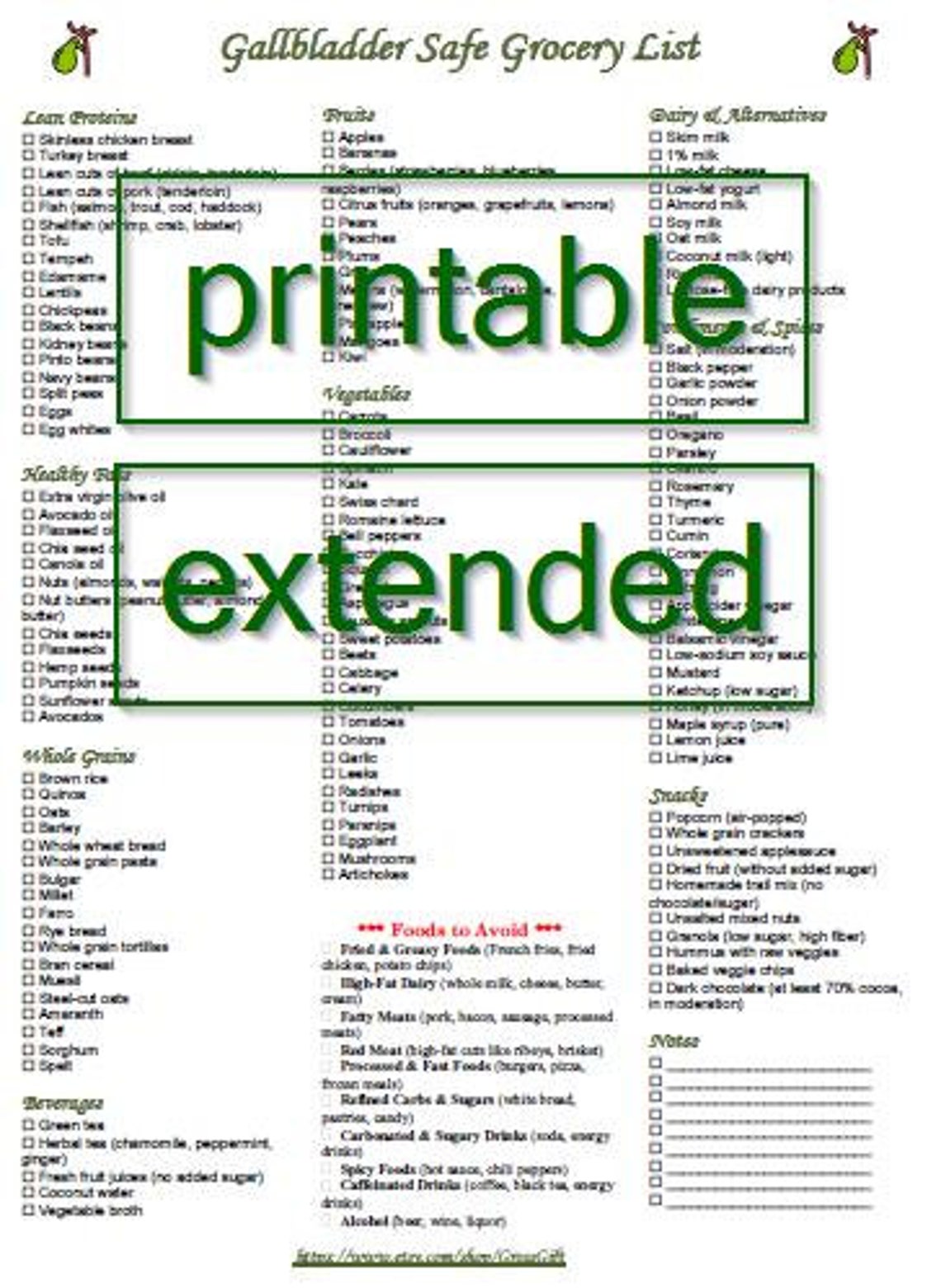 Gallbladder Safe Extended Printable Grocery Shopping Foods List Instant ...