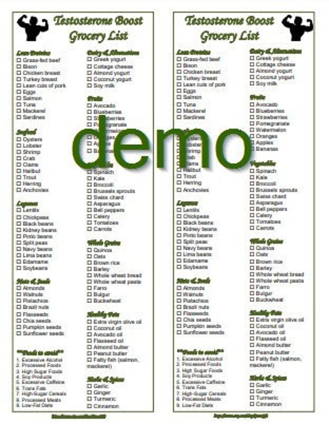 Testosterone Boost Printable Grocery Foods List Instant Download 2 in 1 ...