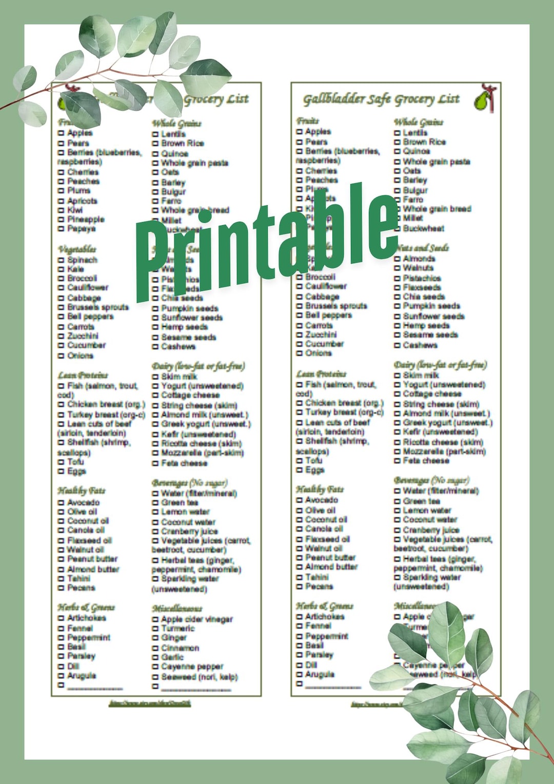 Gallbladder Safe Printable Grocery Shopping Foods List Instant Download ...