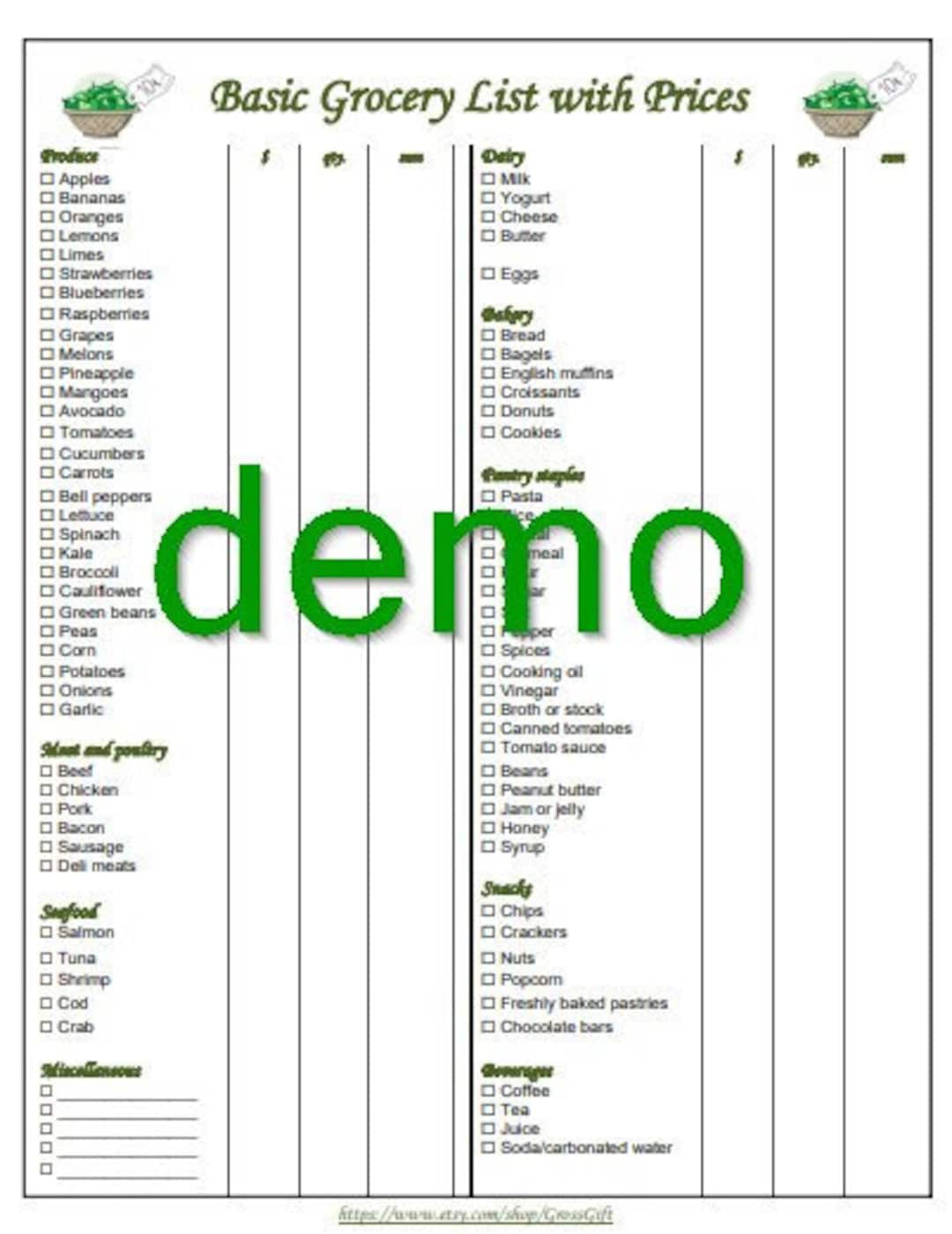 Basic Grocery Shopping Checklist With Prices PDF - Etsy