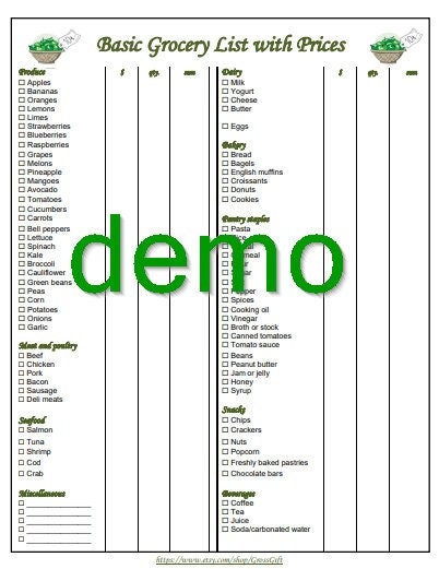 Basic Grocery Printable Shopping Checklist With Prices PDF 2 in 1 ...