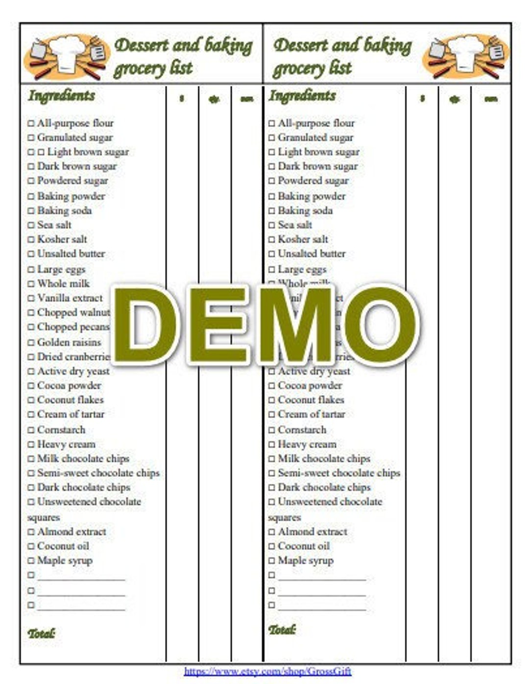 Printable EDITABLE 2 in 1 Basic Dessert and Baking Ingredients Grocery ...
