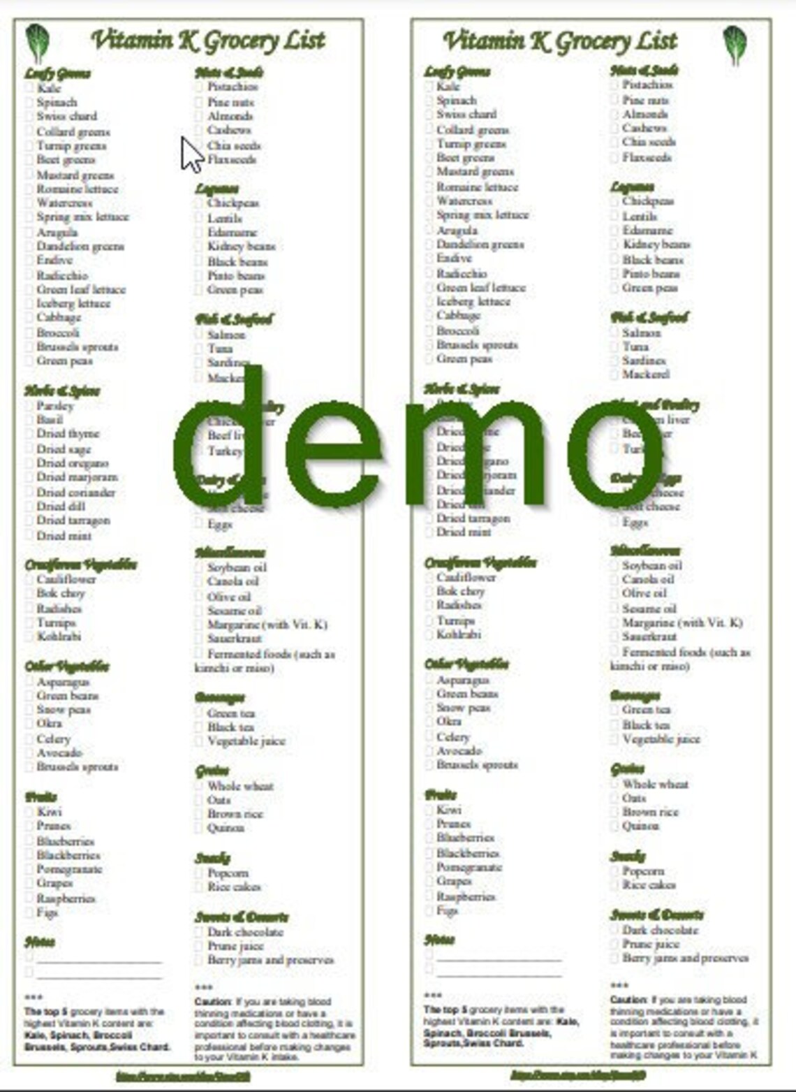 EDITABLE Vitamin K Grocery Food List Printable Instant - Etsy