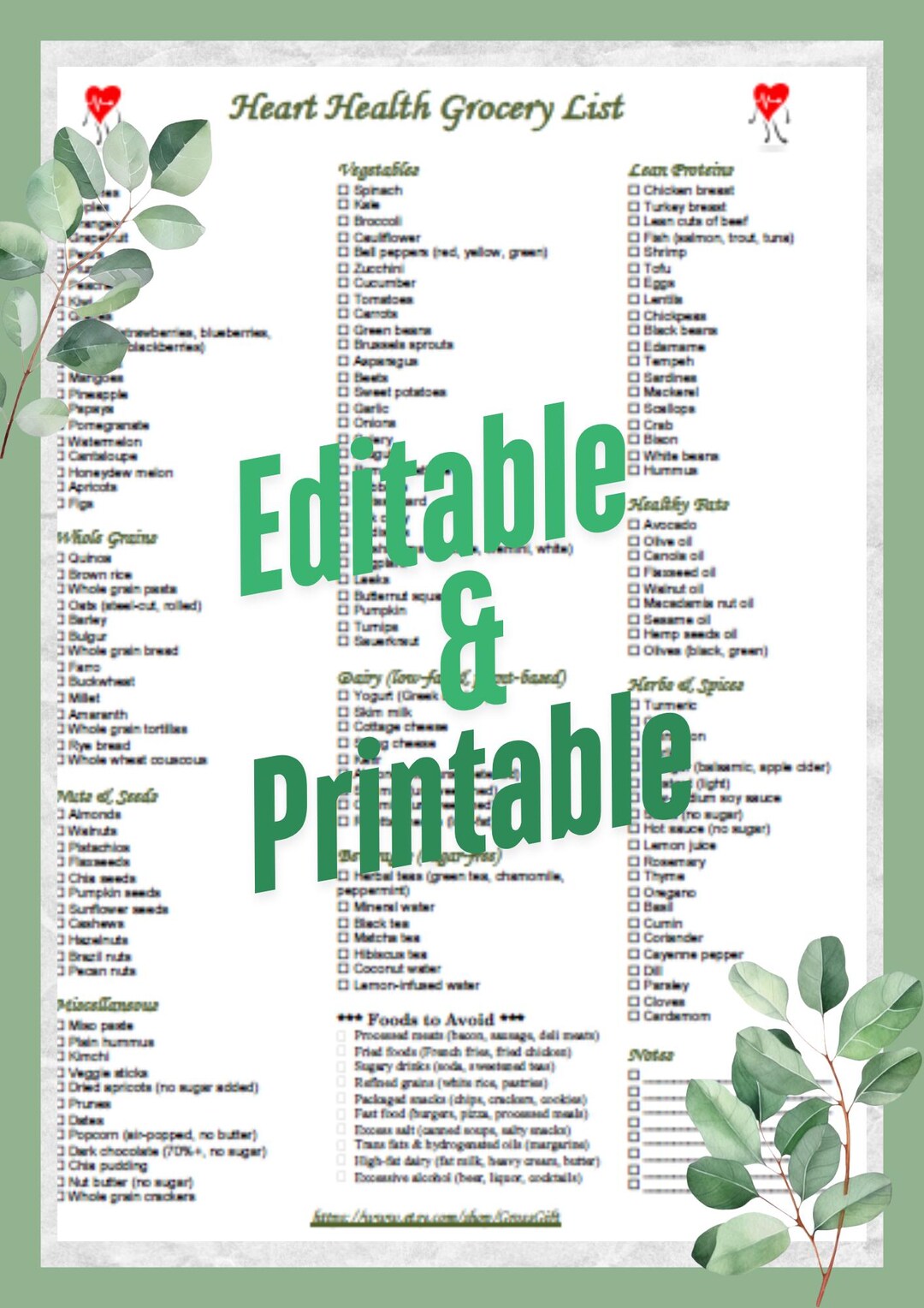 Extended Cardiovascular EDITABLE Heart Health Printable Grocery Food ...