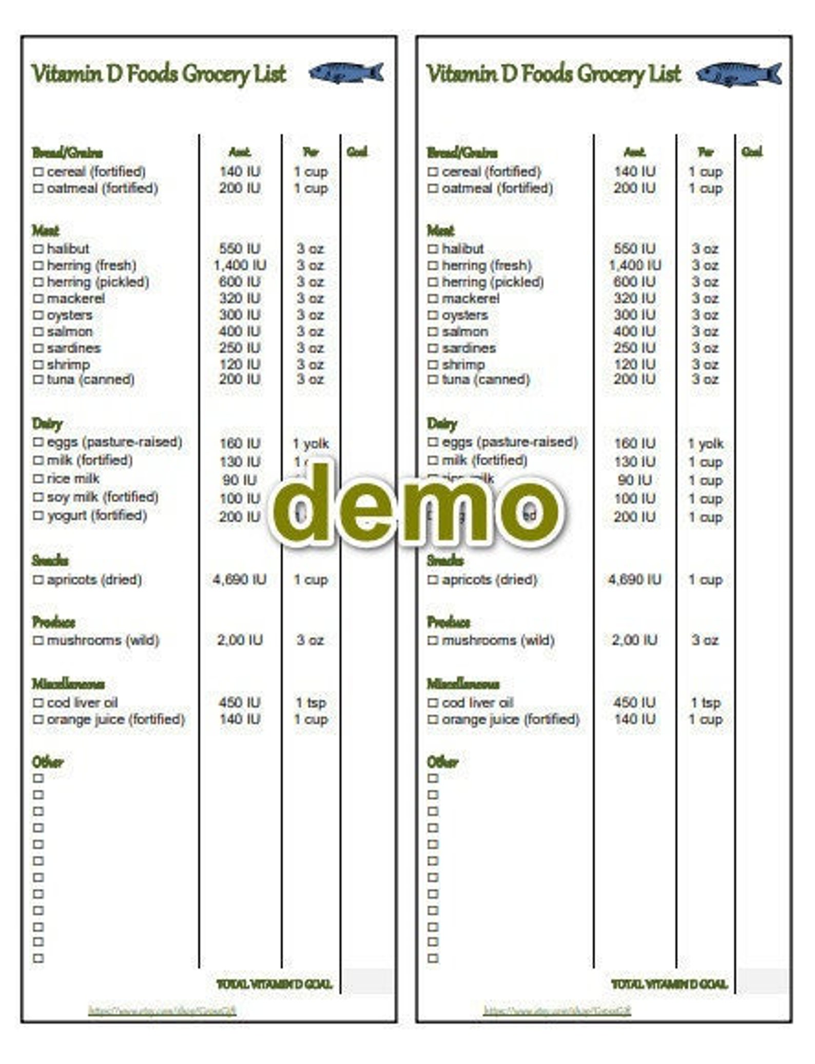 Vitamin D Grocery Food List Printable Instant Download 2 in 1 - Etsy