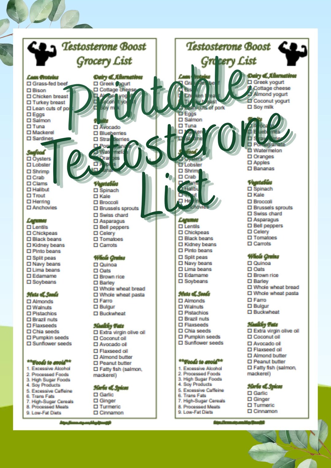 Testosterone Boost Printable Grocery Foods List Instant Download 2 in 1 ...