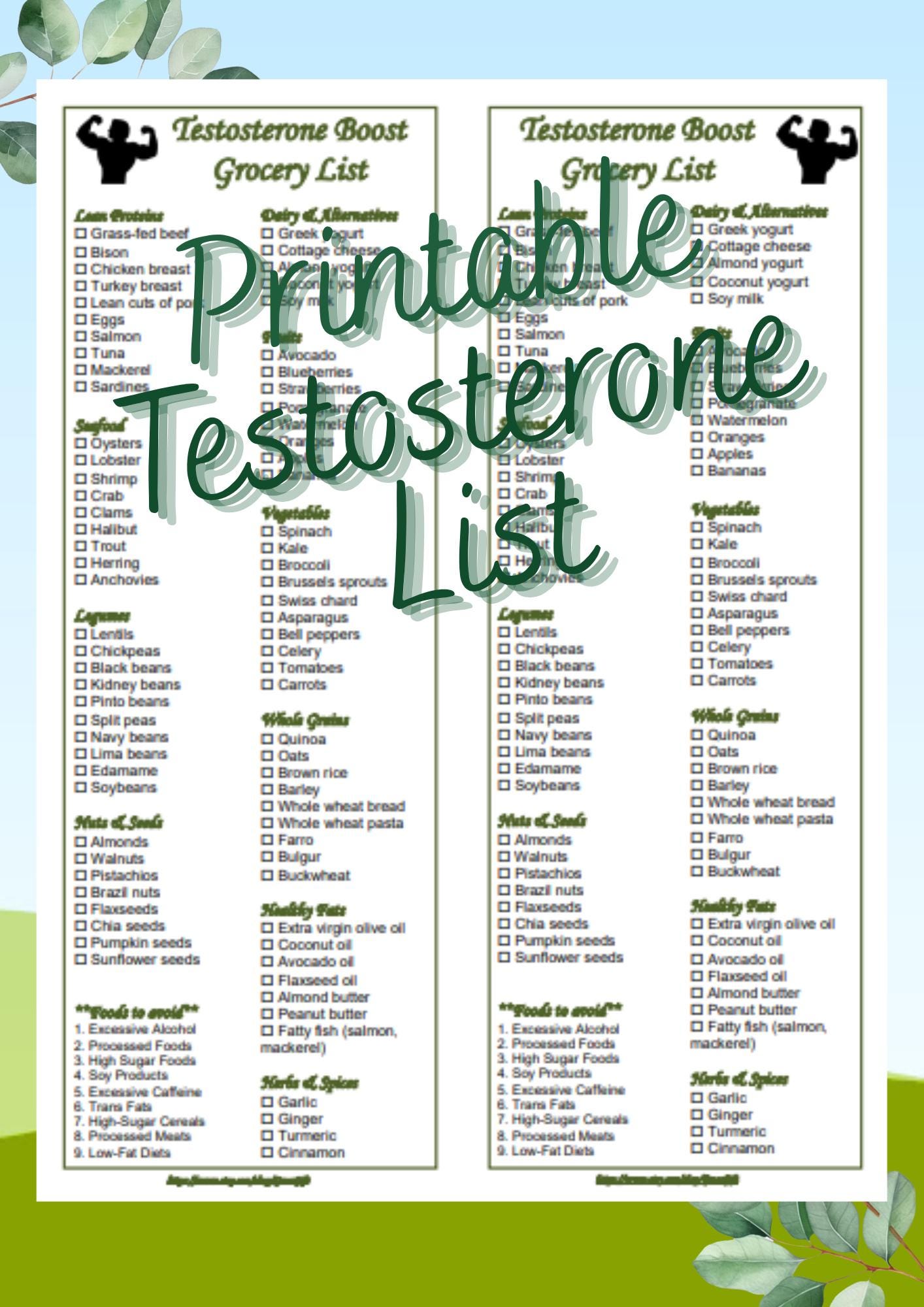 Testosterone Boost Printable Grocery Foods List Instant Download 2 in 1 ...