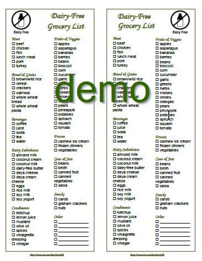 Dairy Free Grocery List Printable 2 in 1 PDF | Milk & Dairy Free ...