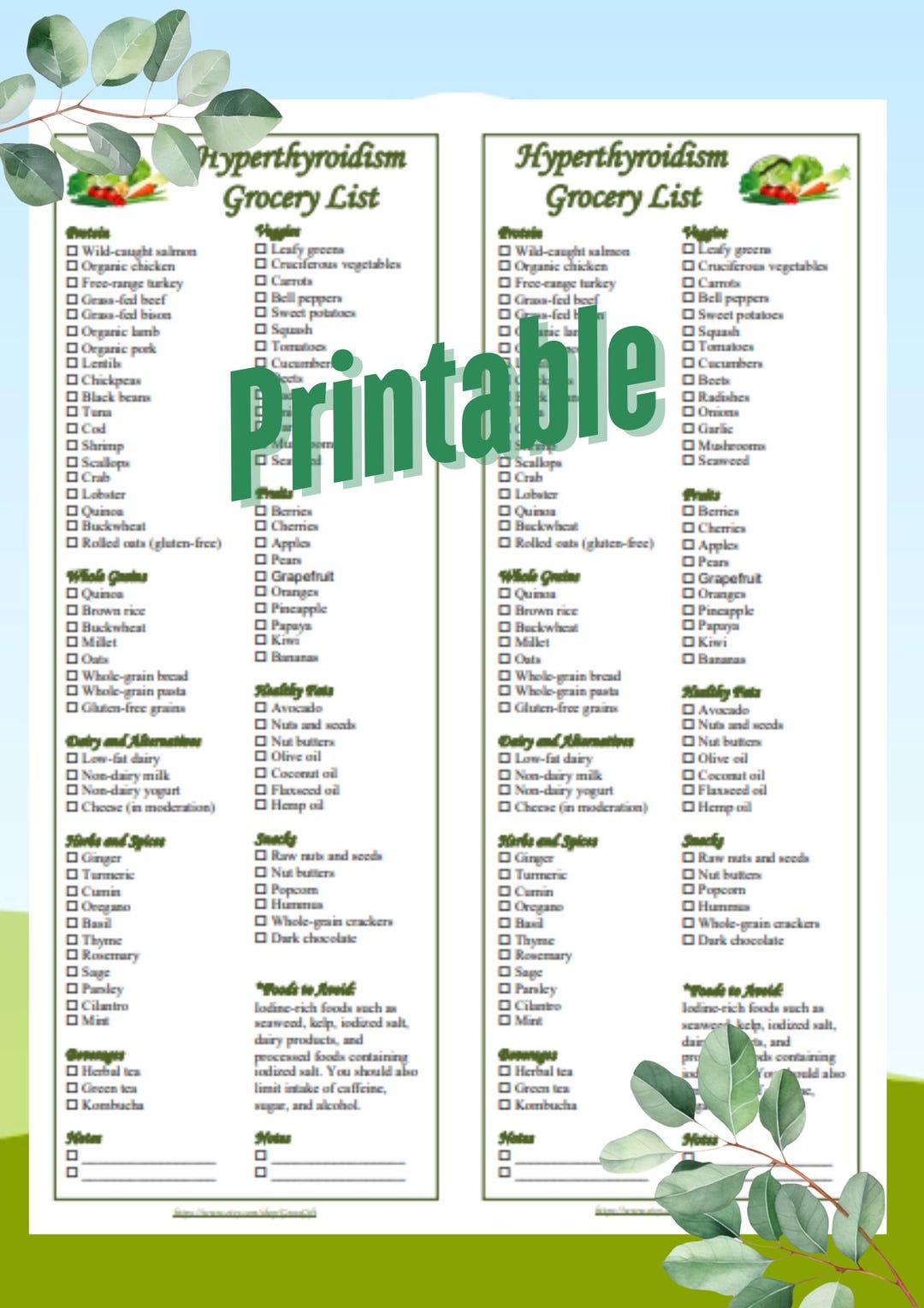 Hyperthyroidism Printable Grocery Food List Instant Download 2 in 1 PDF ...