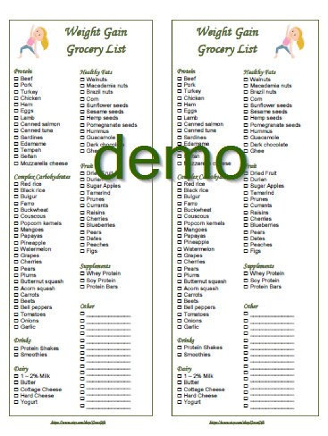 Weight Gain Editable Printable Healthy Grocery Foods List 2 in 1 PDF ...