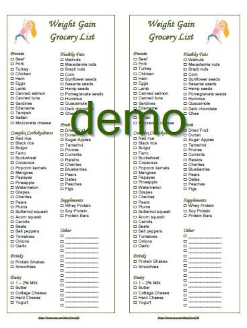 Weight Gain Editable Printable Healthy Grocery Foods List 2 in 1 PDF ...