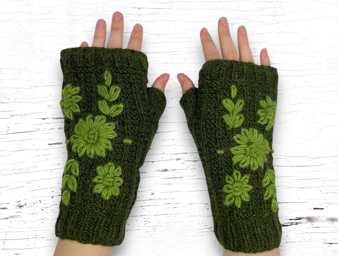Hand Knit Green Embroidered Fingerless Gloves Wool Texting Mittens ...