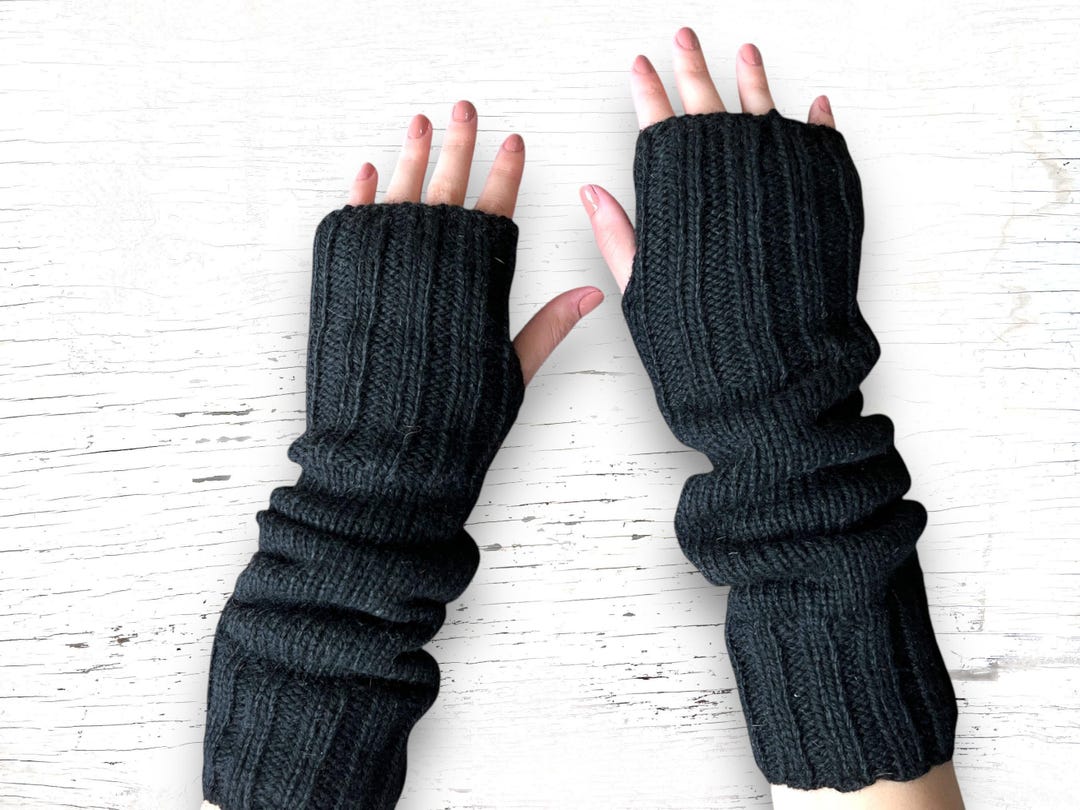 Hand Knit Alpaca Wool Fingerless Long Fleece Lined Gloves Black Texting ...