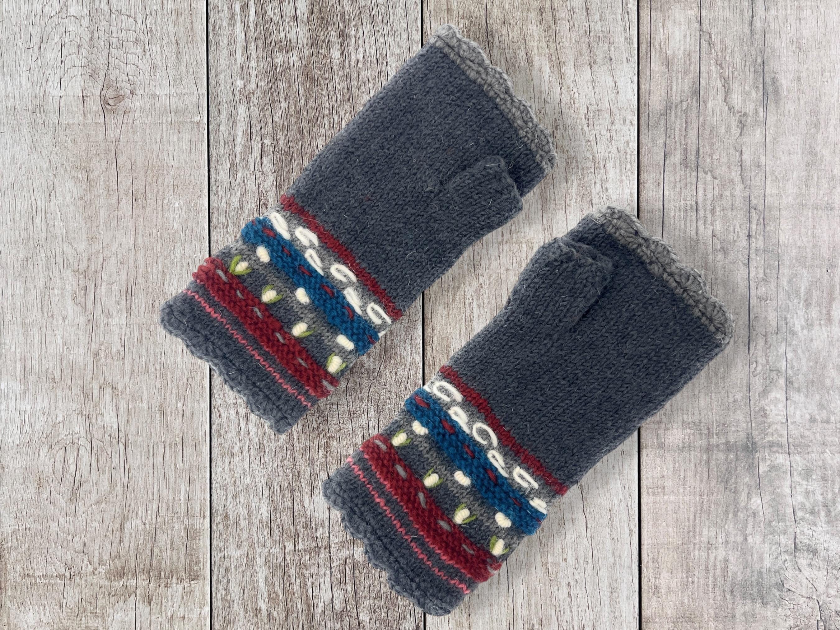 Hand Knit Gray Embroidered Flower Fingerless Gloves Wool Texting ...