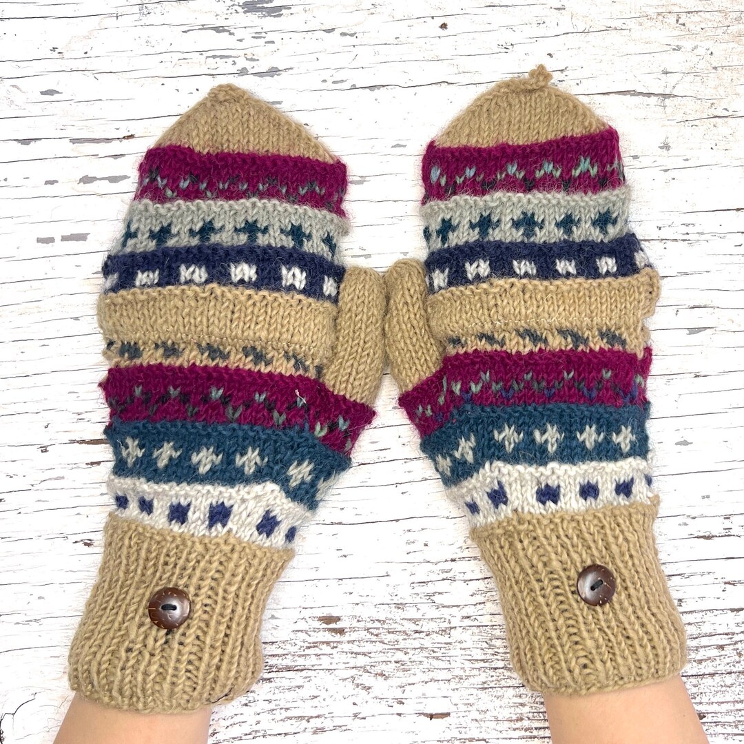 Knit Wool Convertible Tan Flip Mitten Fingerless Glove Glittens Texting ...