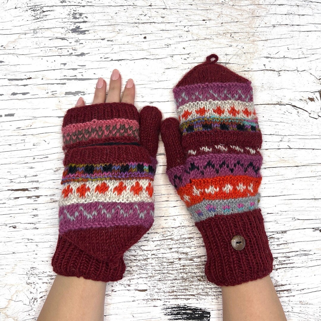Knit Wool Convertible Burgundy Stripe Pattern Flip Mitten Fingerless ...