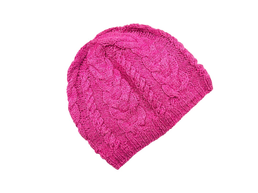 Handmade Knit Alpaca Cable Ski Hat Pink Knitted Beanie Fleece Lined ...