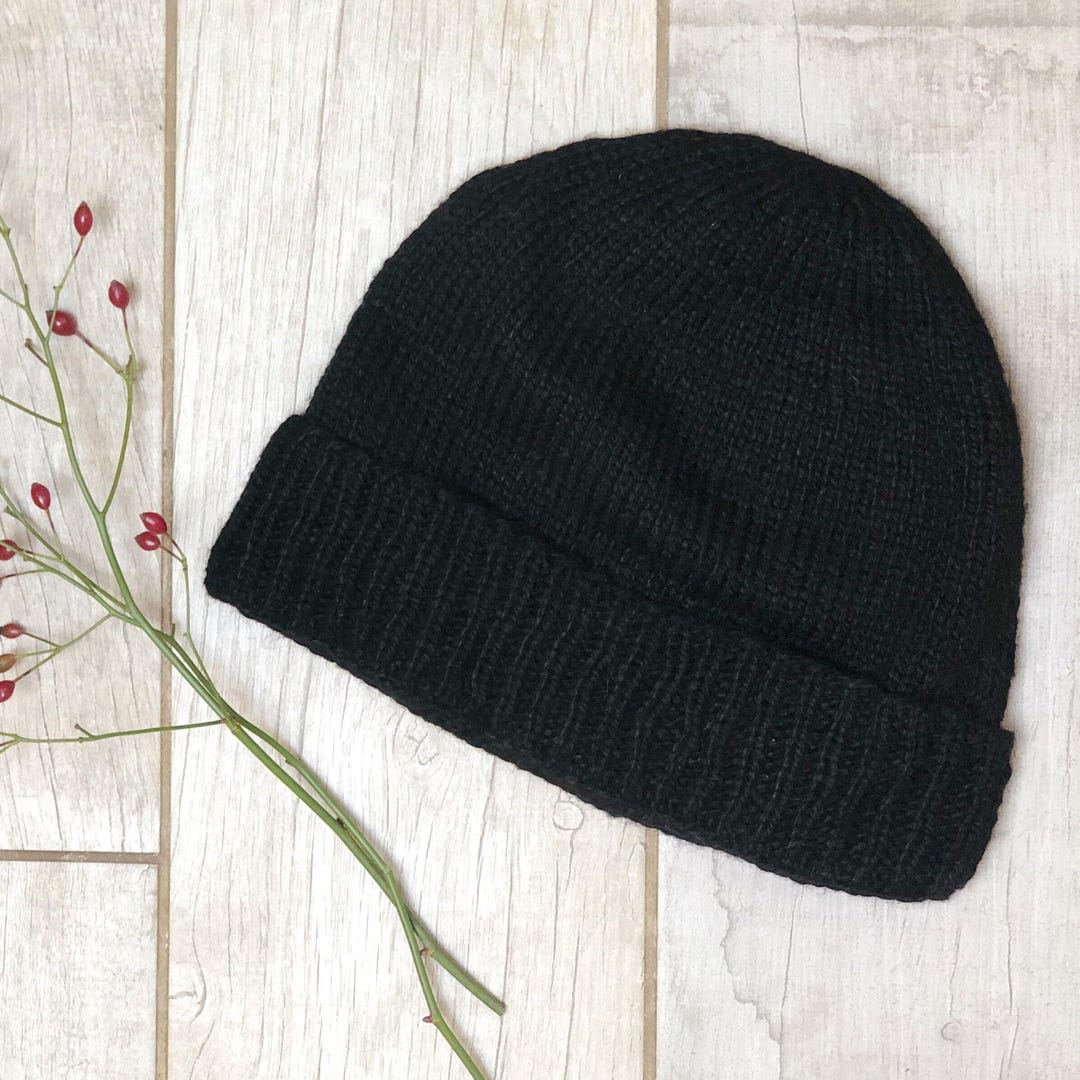 Handmade Knit Alpaca Black Cuff Hat Knitted Beanie Ski Winter Warm for ...