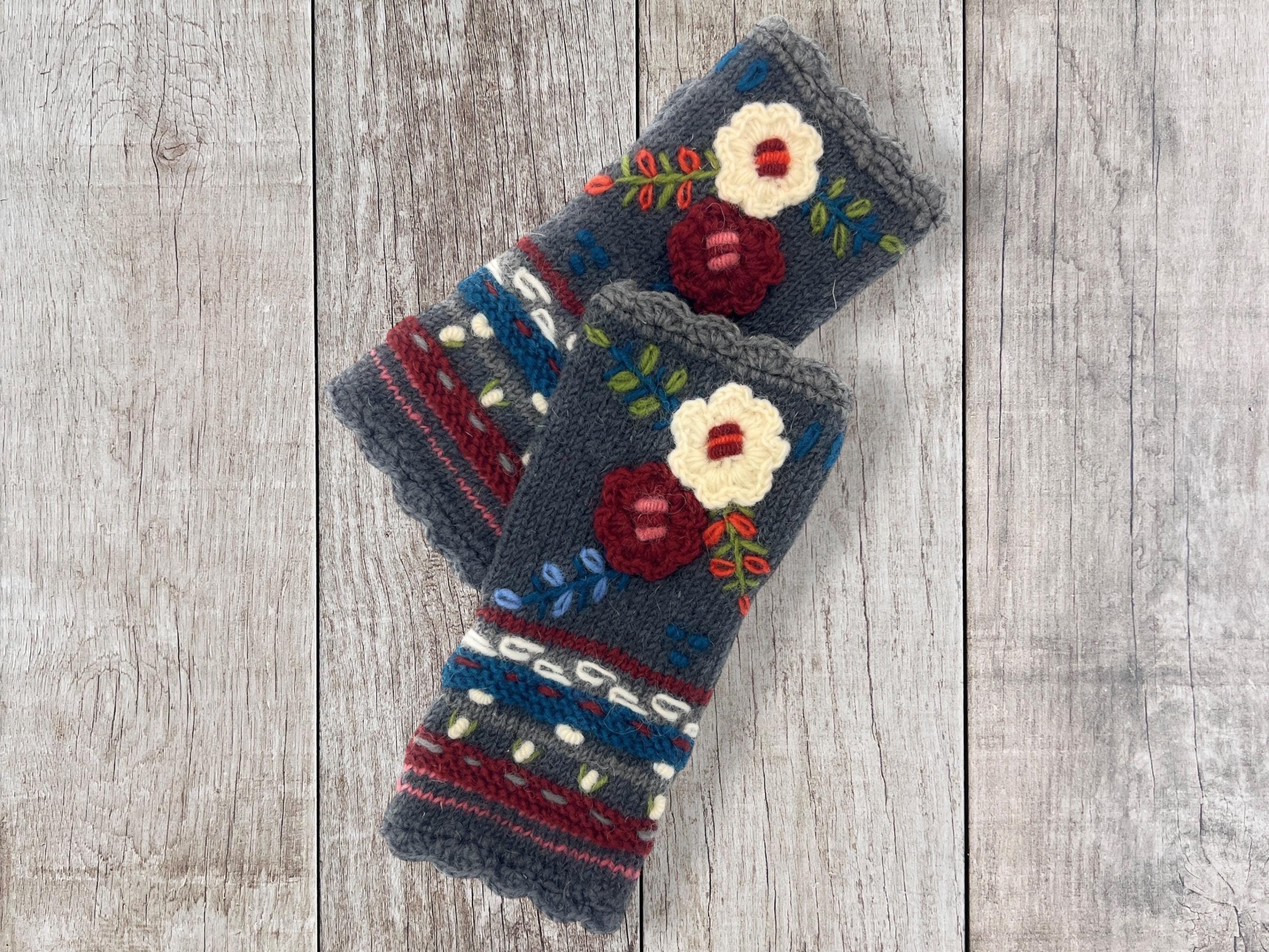 Hand Knit Gray Embroidered Flower Fingerless Gloves Wool Texting ...