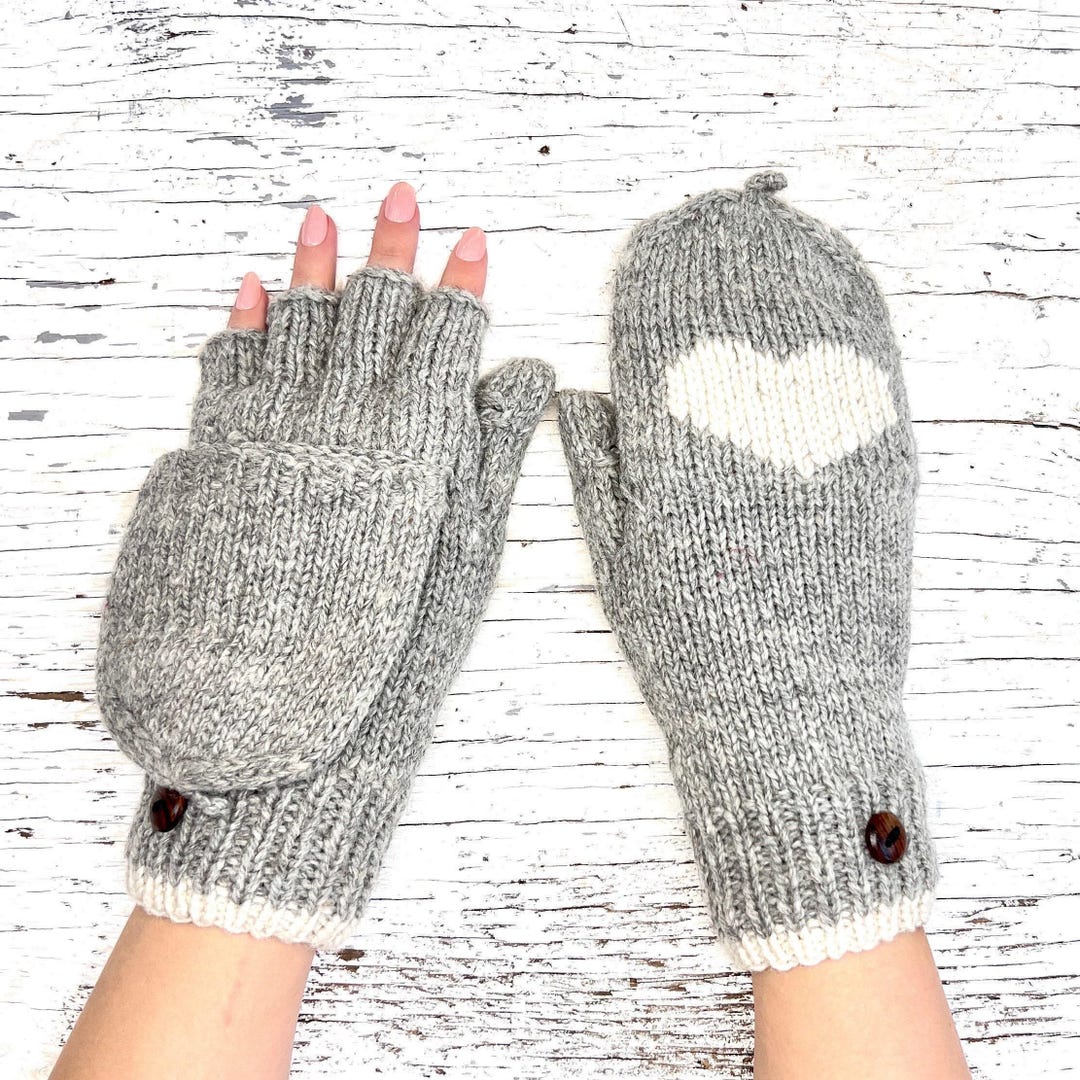 Handmade Knit Alpaca Wool Heart Convertible Cable Flip Mitten ...