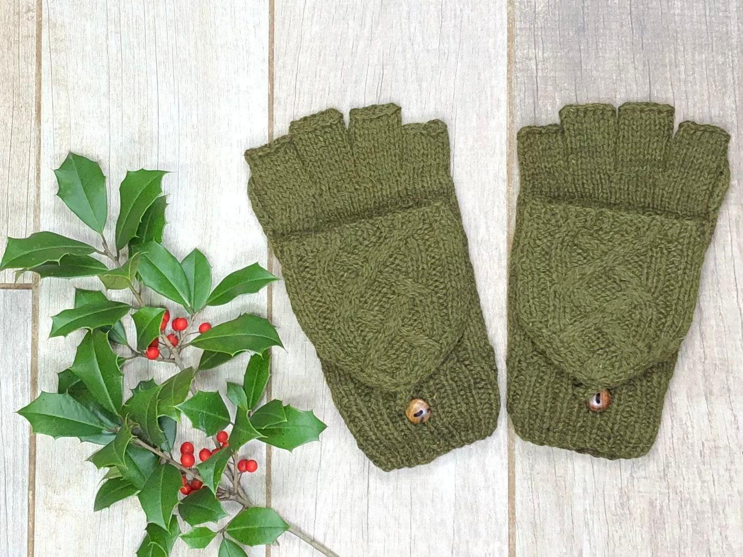 Knit Alpaca Wool Convertible Mitten Olive Khaki Army Green Cable Flip ...