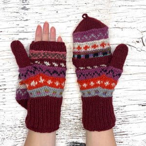 Knit Wool Convertible Burgundy Stripe Pattern Flip Mitten Fingerless ...