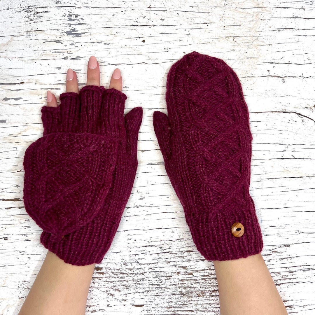 Handmade Knit Alpaca Wool Convertible Mitten Wine Burgundy Maroon ...