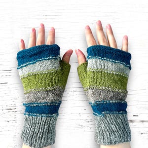 Hand Knit Gray Green Stripe Fingerless Gloves Wool Texting Mittens Fleece Lined Winter Womens Ladies Valentine s Birthday Gift Etsy