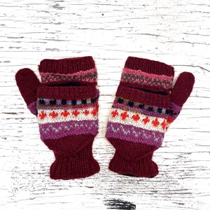 Knit Wool Convertible Burgundy Stripe Pattern Flip Mitten Fingerless ...