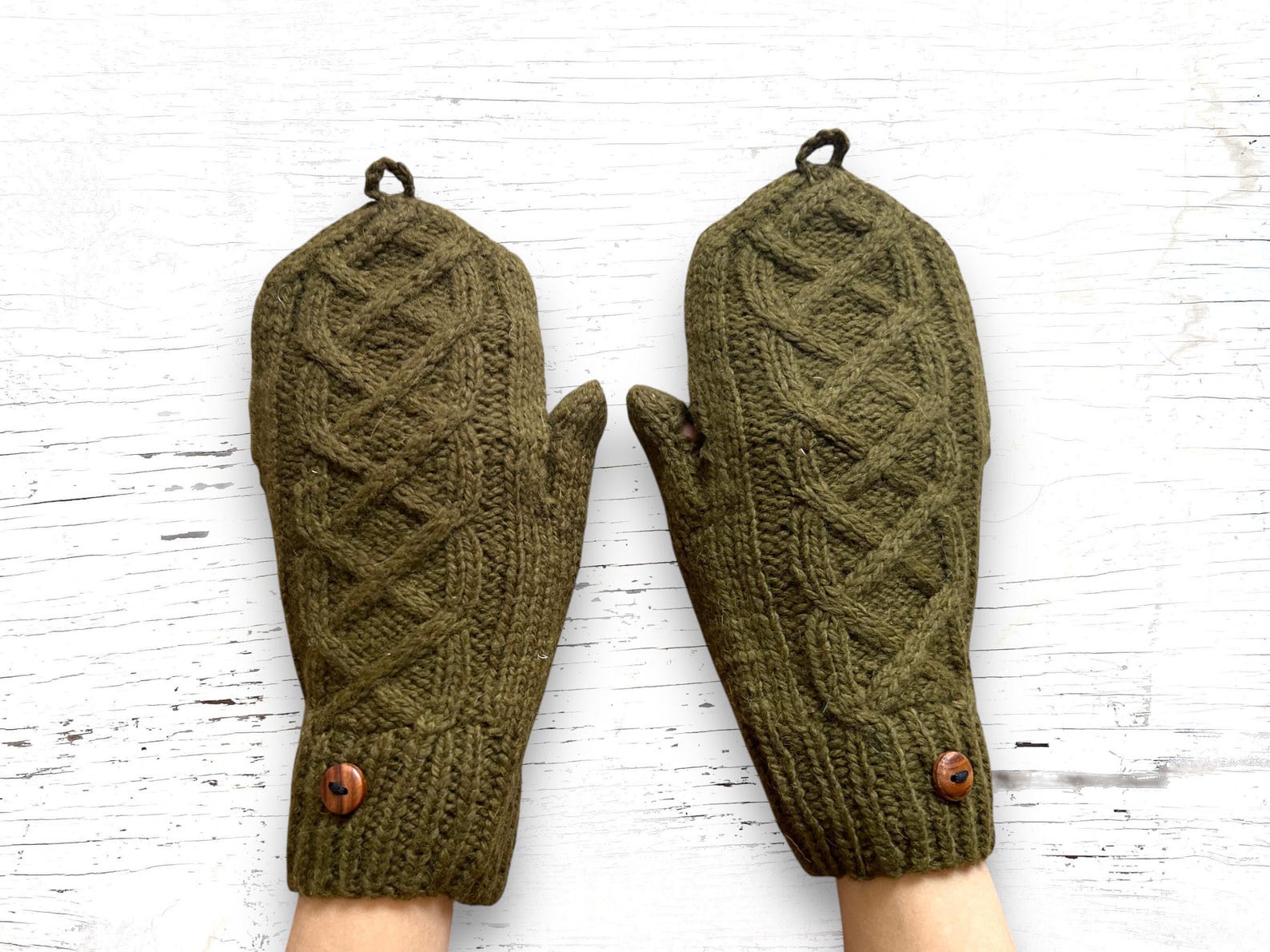Knit Alpaca Wool Convertible Mitten Olive Khaki Army Green Cable Flip ...