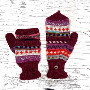 Knit Wool Convertible Burgundy Stripe Pattern Flip Mitten Fingerless ...