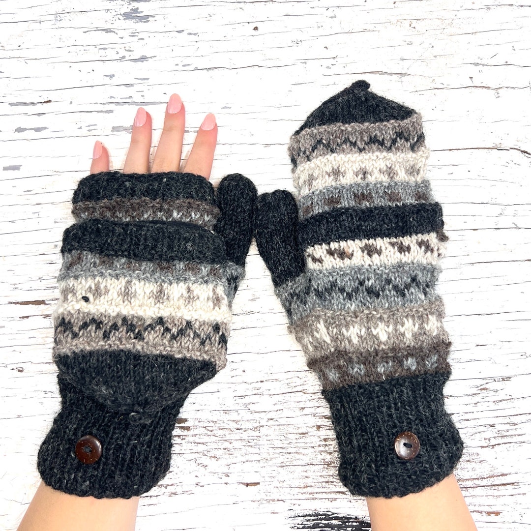 Knit Wool Convertible Flip Top Mitten Fingerless Glove Gray Glittens ...