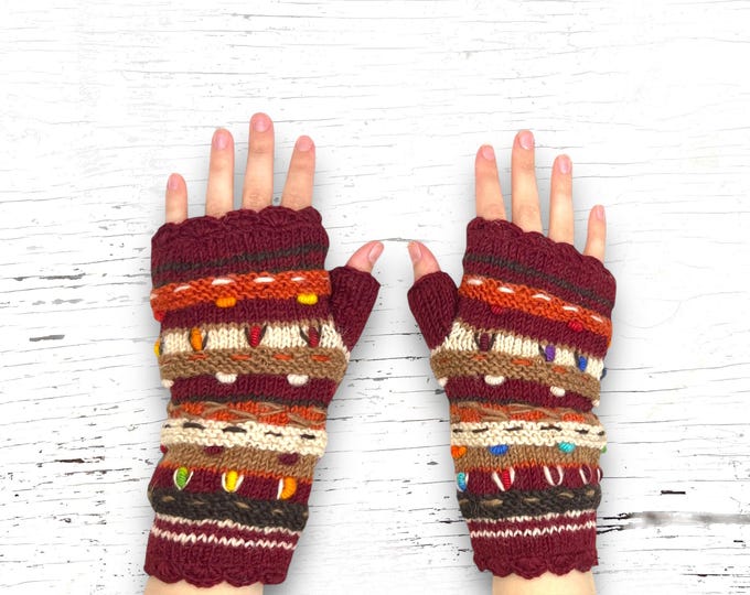 Hand Knit Red Embroidered Stripe Fingerless Gloves Wool Texting Mittens ...