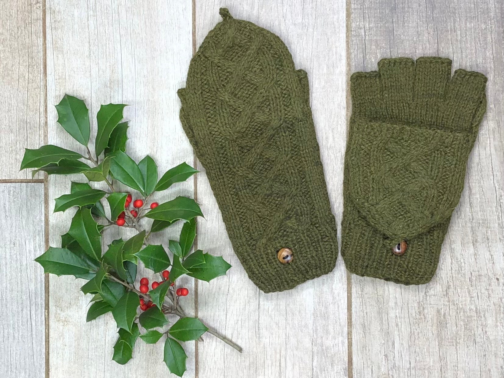 Knit Alpaca Wool Convertible Mitten Olive Green Cable Flip | Etsy