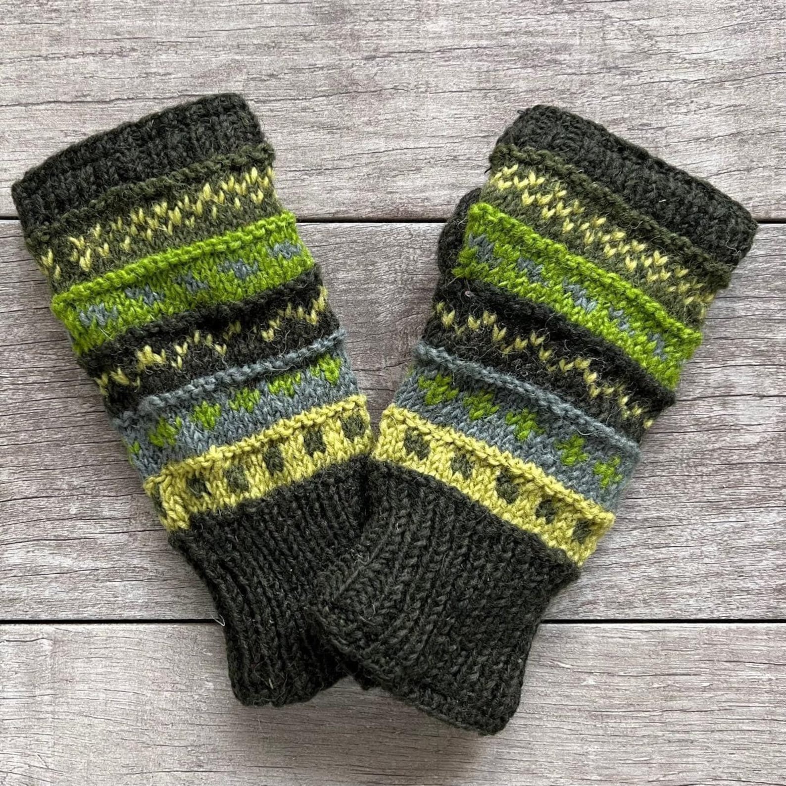 Hand Knit Green Stripe Fingerless Gloves Wool Texting Mittens Fleece ...
