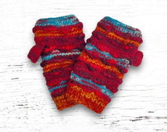 Hand Knit Red Embroidered Stripe Fingerless Gloves Wool Texting Mittens ...