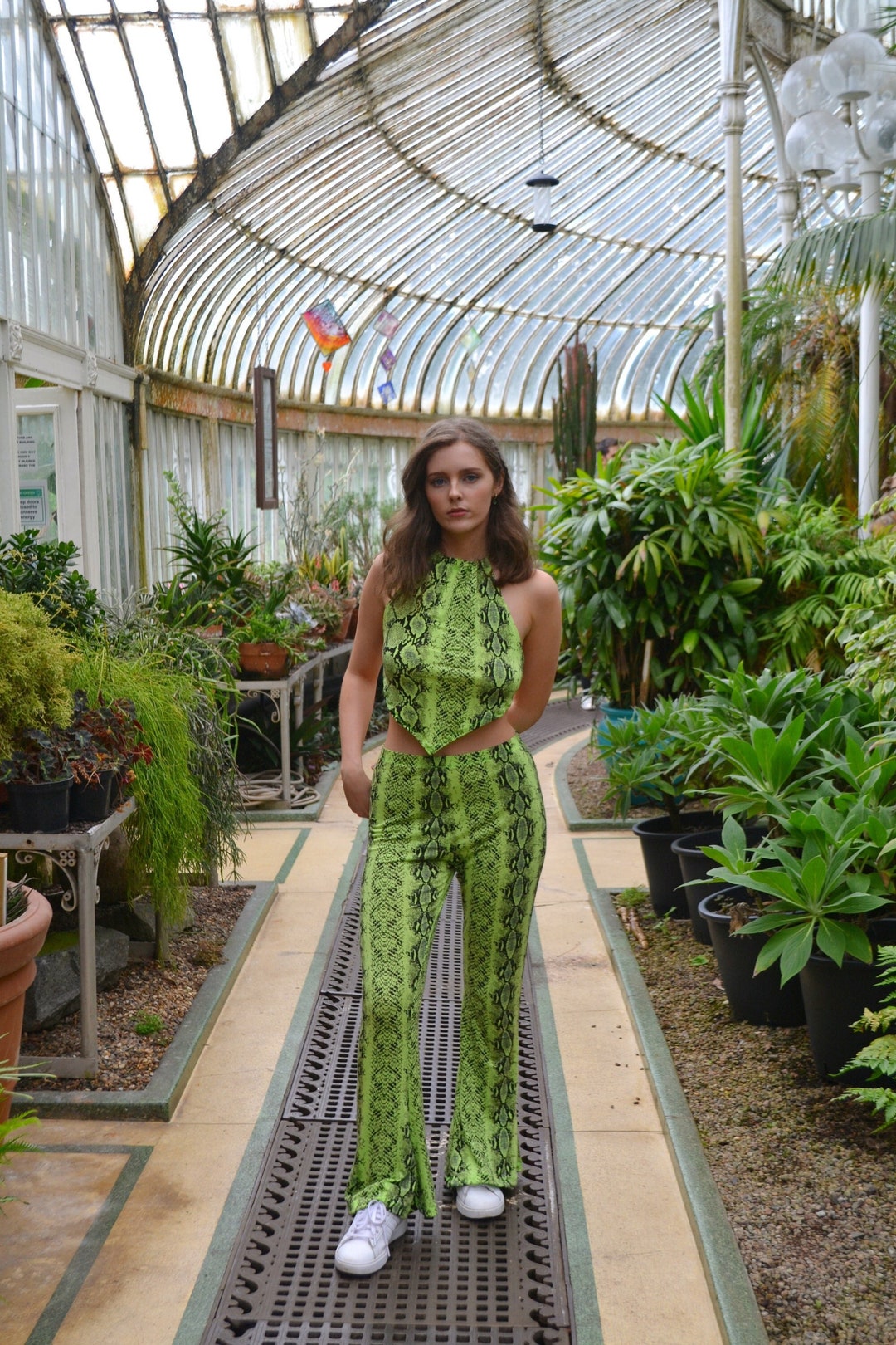 Green Snake Skin Print Flared Trousers Two Piece Outfit | Stylish ...