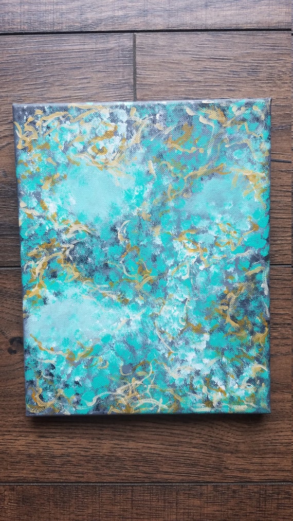 Abstract Teal and Gold Nebula Marble 8x10 Acrylic Painting | Etsy