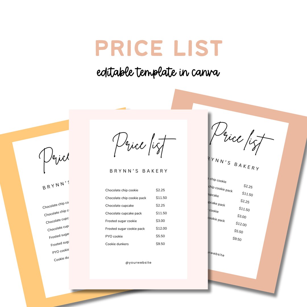 Editable Price List, 8.5x11 Cookie Price List, Cake Sale Template ...