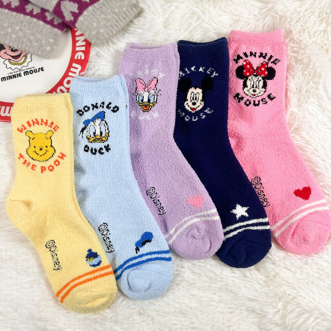 5PK Set, Disney Friends Mickey Minnie, Women Fuzzy Socks Cozy Soft ...