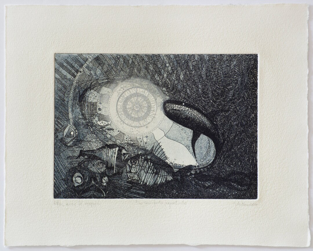 Engraving etching, Aquatinte Dream With the Shark - Etsy