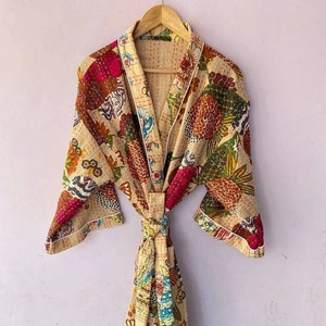 Cotton Women Wear Kantha Kimono Bathrobe Floral Print Long Indian ...
