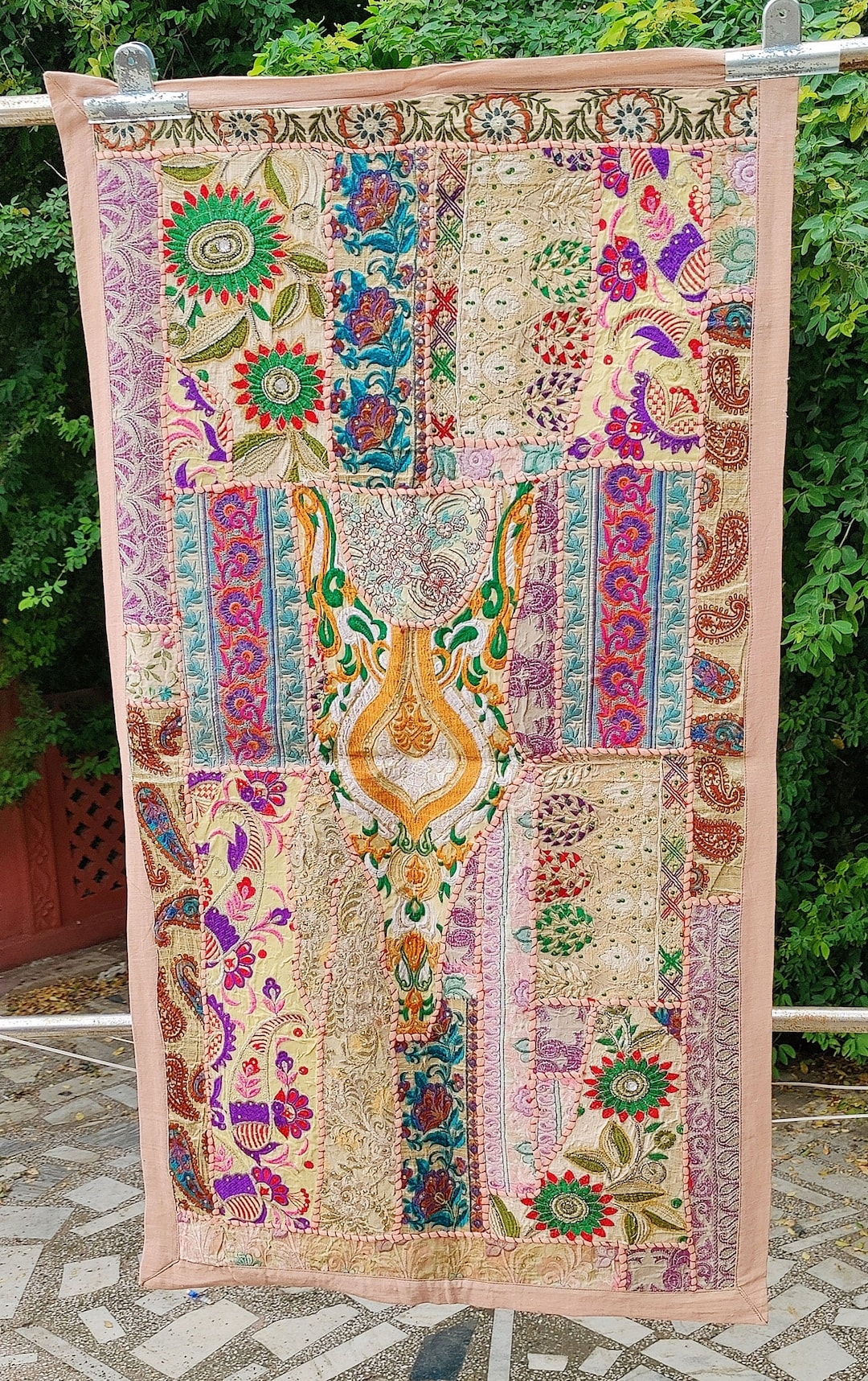 Vintage Recycled Sari Cotton Fabric Wall Hanging With Hand-stitched ...