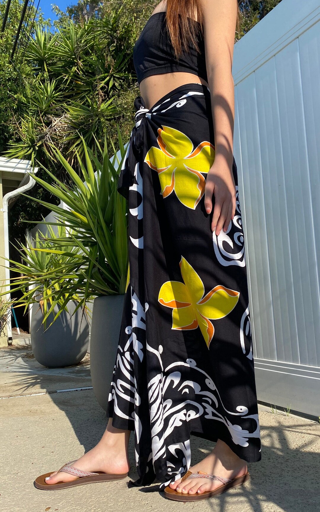 Hawaiian Design Black Hand Painted Plumeria Honu Wraparound Pareo ...