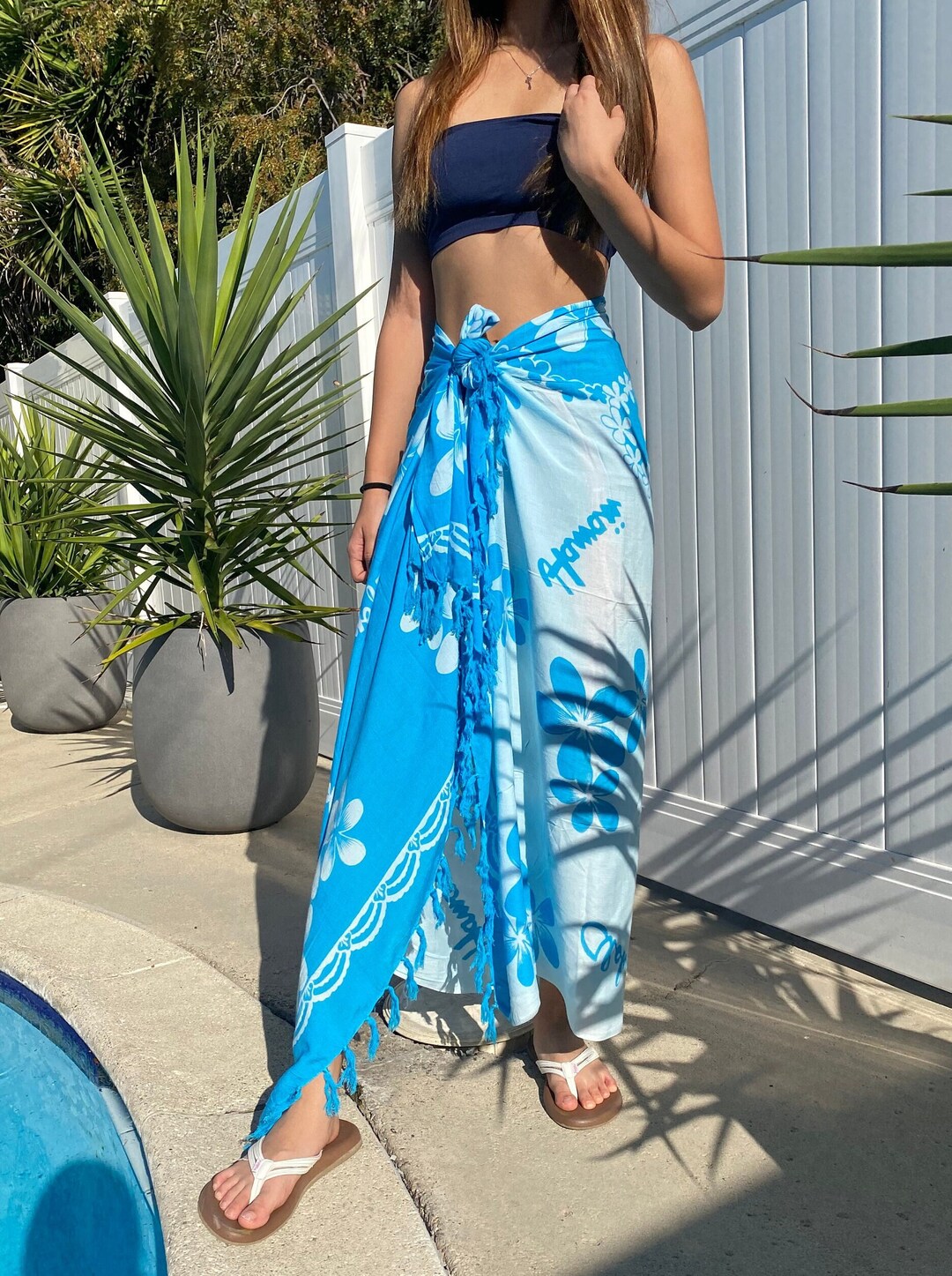 Hawaiian Design Turquoise & White Plumeria Pattern Wraparound Cover-up ...
