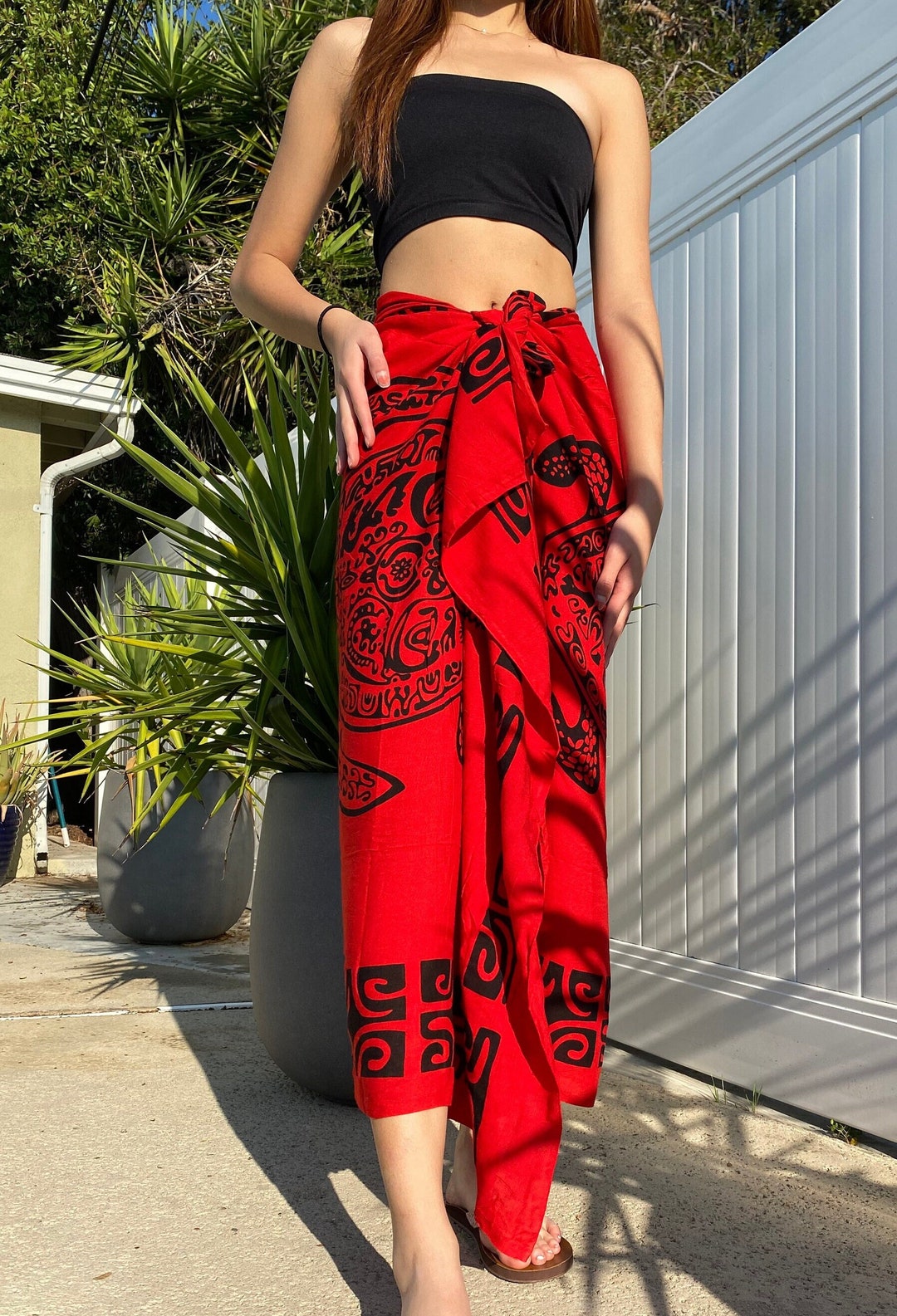 Hawaiian Red & Black Tribal Pattern Honu Turtle Wraparound Sarong Skirt ...