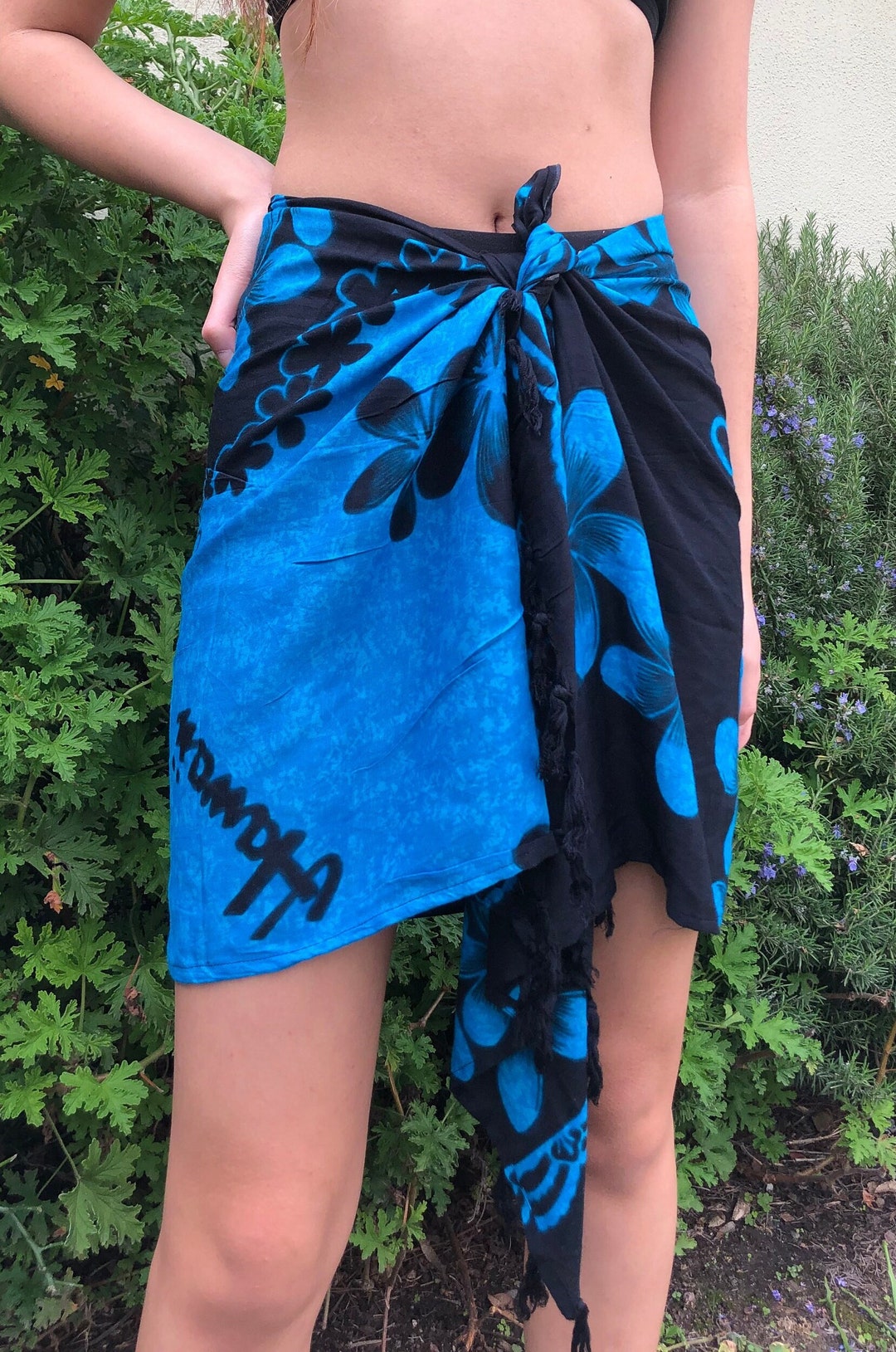 Hawaiian Blue Black Plumeria Flower Sarong Half Size Cover-up Floral ...