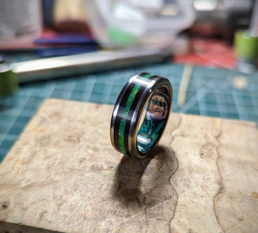 Brushed Titanium & Ebony Wood Ring With Green Opal/green Glow Powder ...