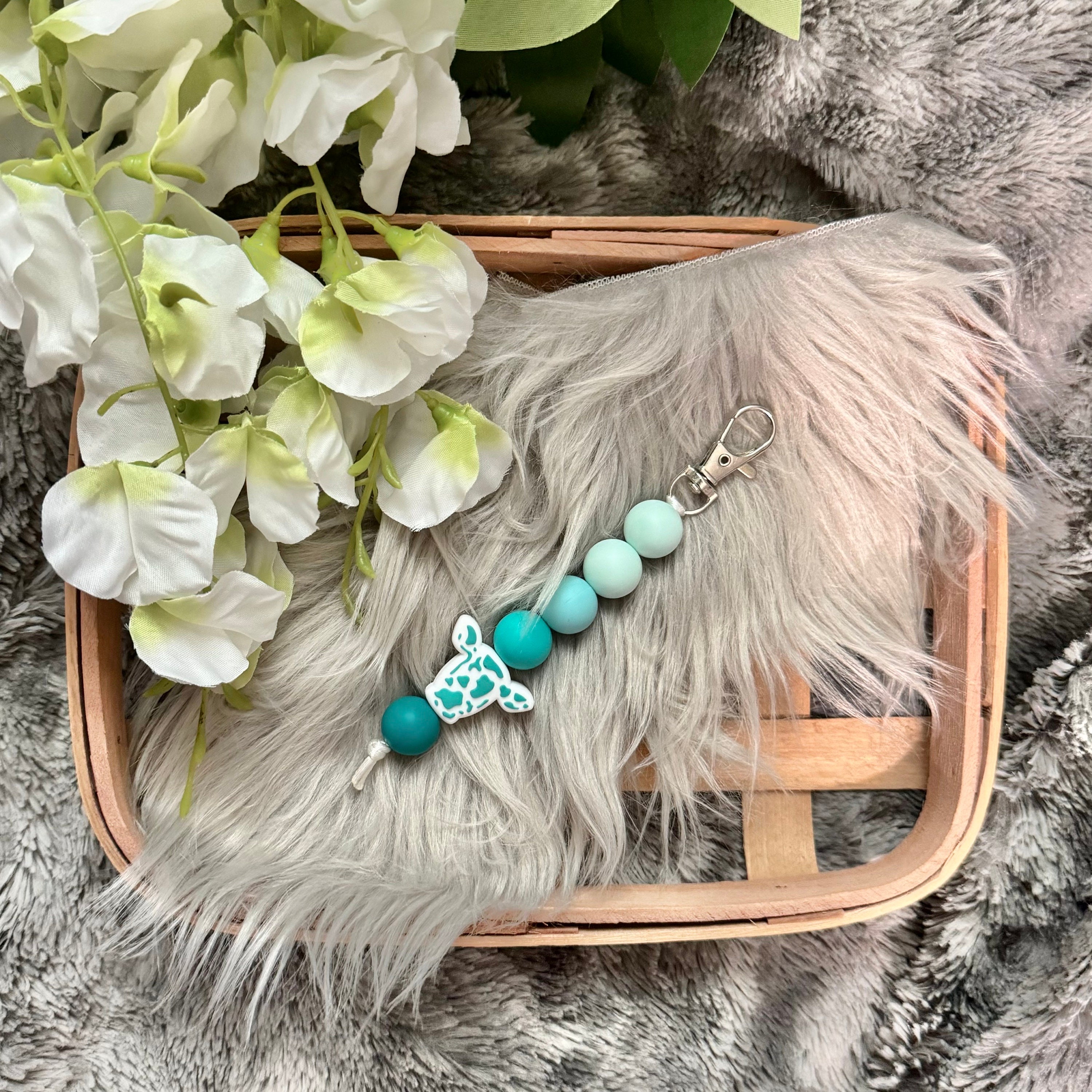 Teal Blue Cow Print Beaded Keychain | Silicone Bead Keychain | Cow ...